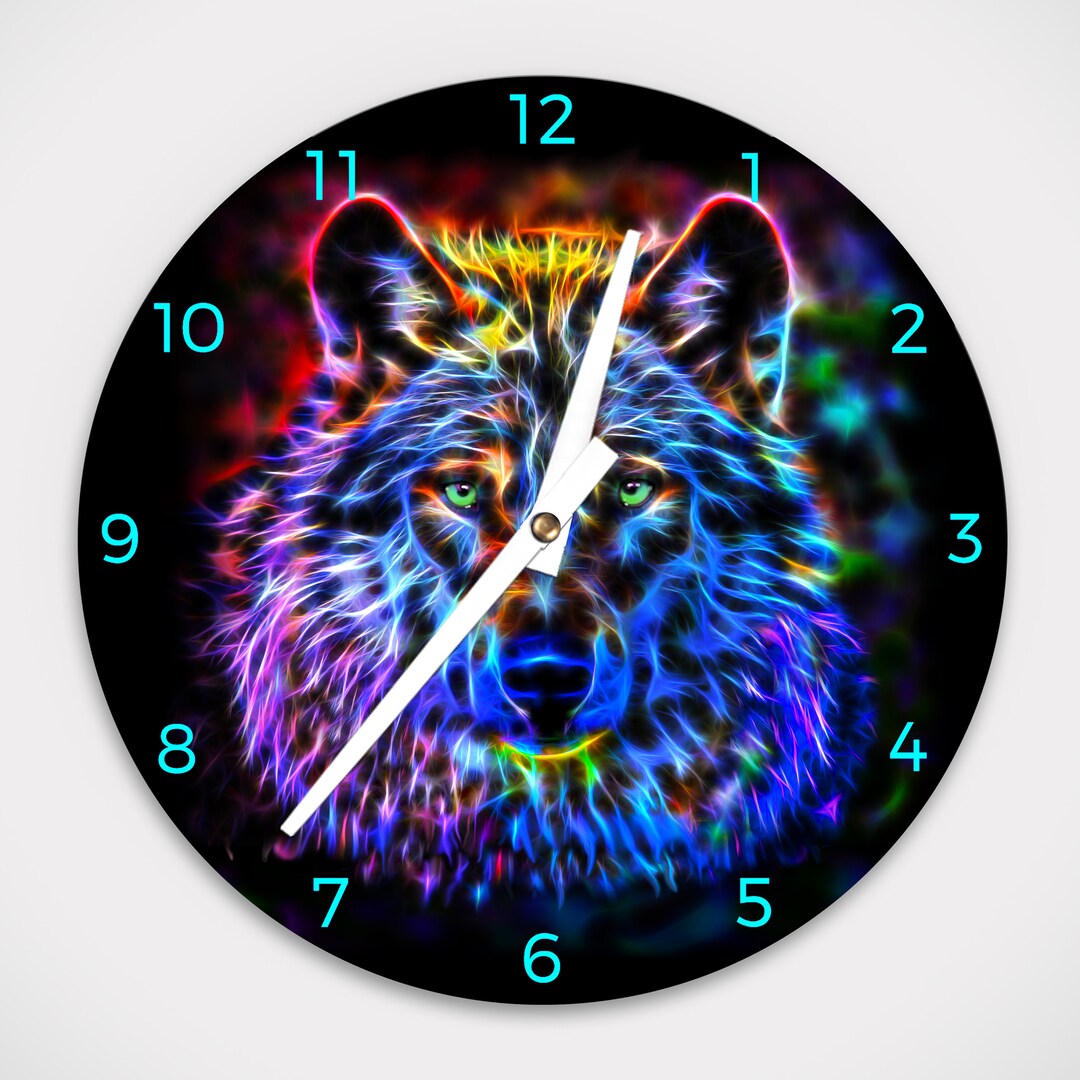 Neon Color Wolf Aluminum Round Wall Clock 8.125", or Hardboard Round ...