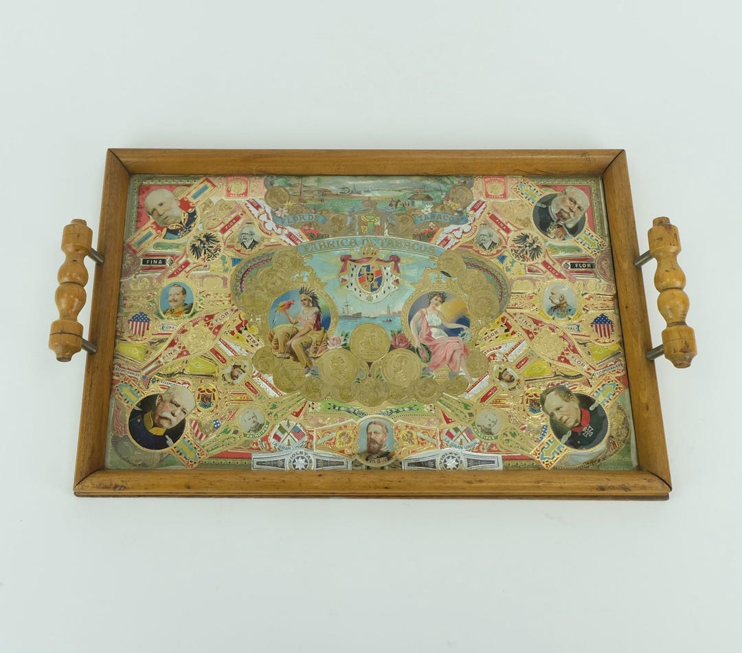 Antique Folk Art TRAY Around 1900 Wooden Frame Collage of Cigar Bands ...