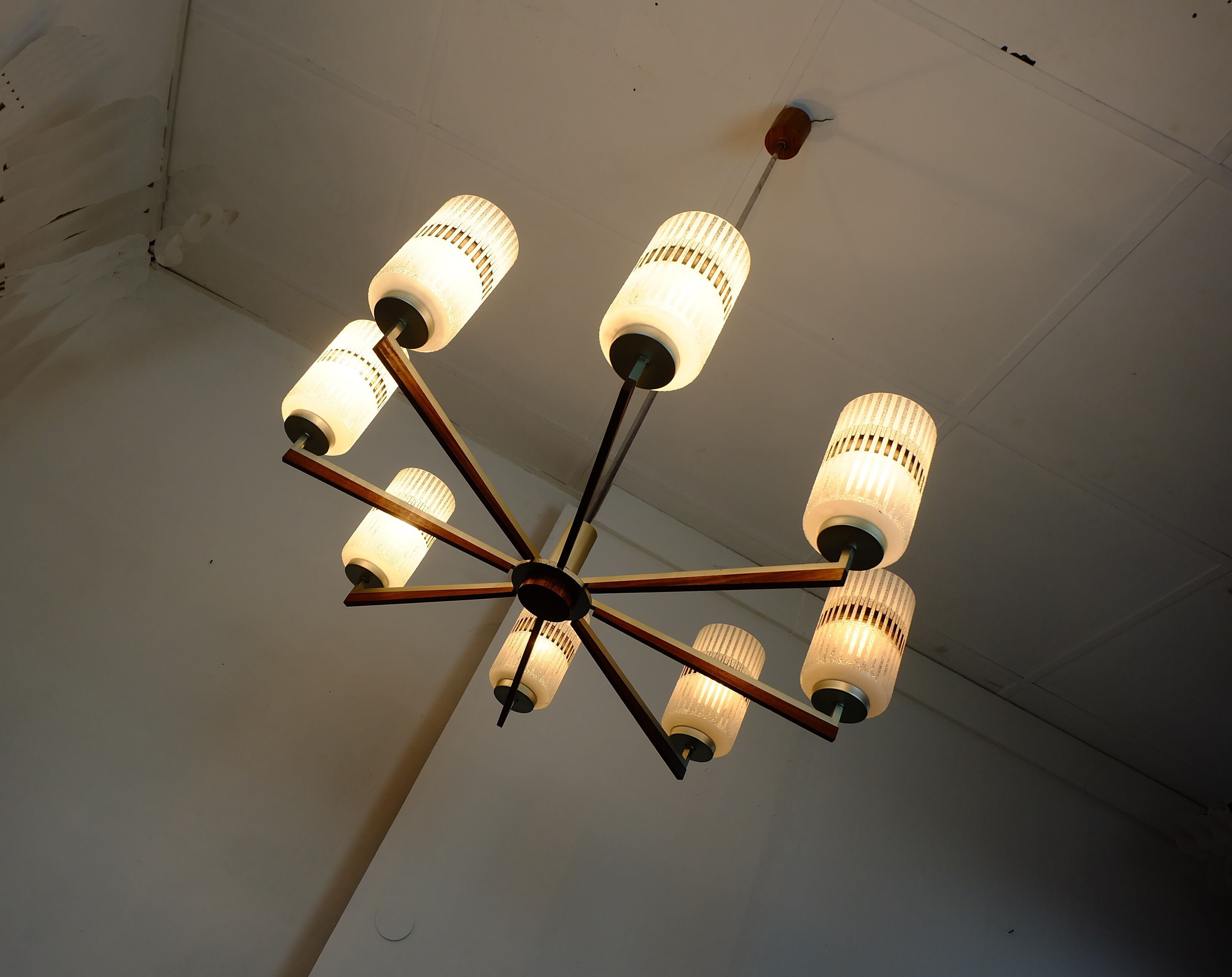 large modernist 1960s PENDANT LIGHT chandelier rosewood metal 8 glass ...