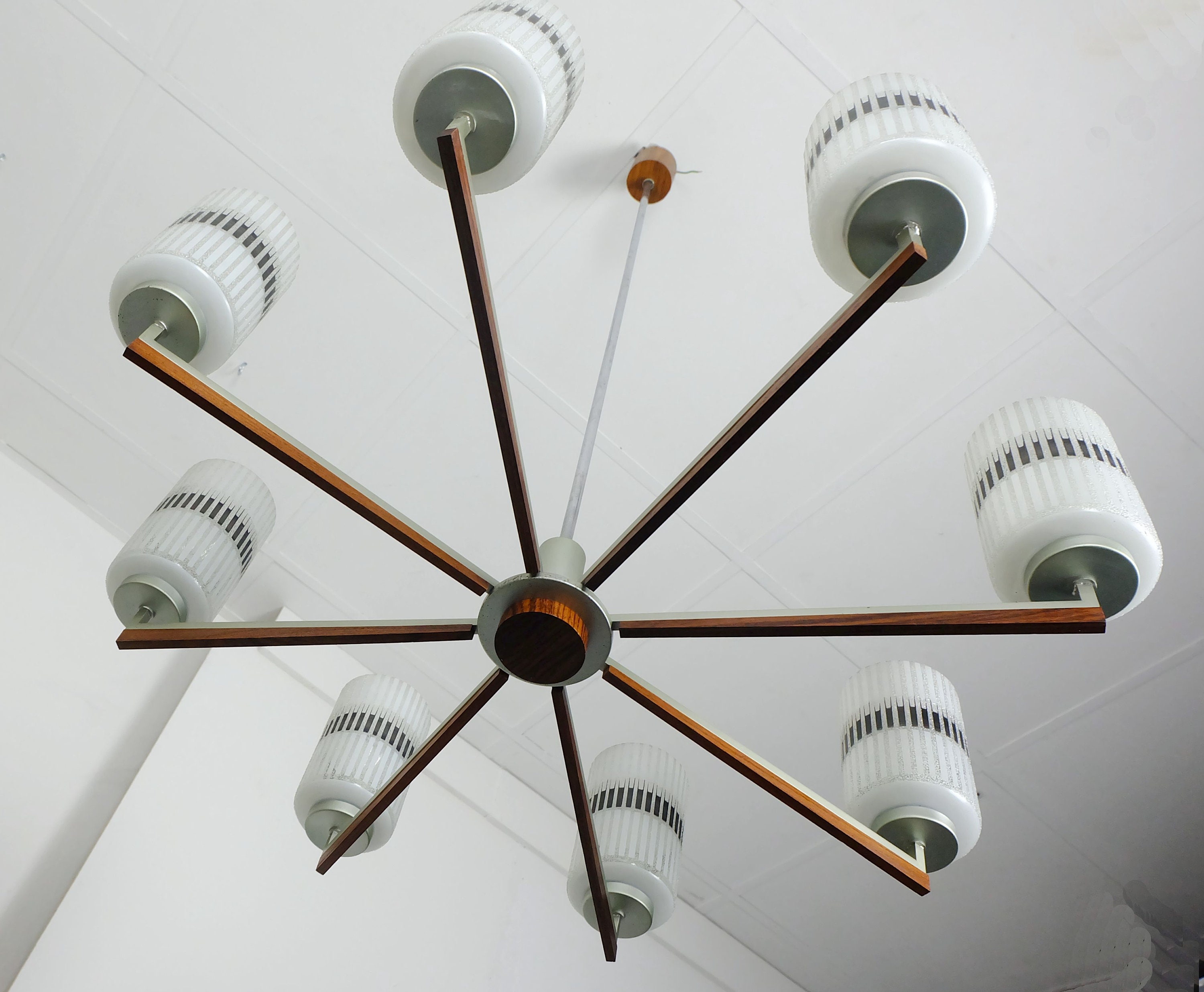 large modernist 1960s PENDANT LIGHT chandelier rosewood metal 8 glass ...