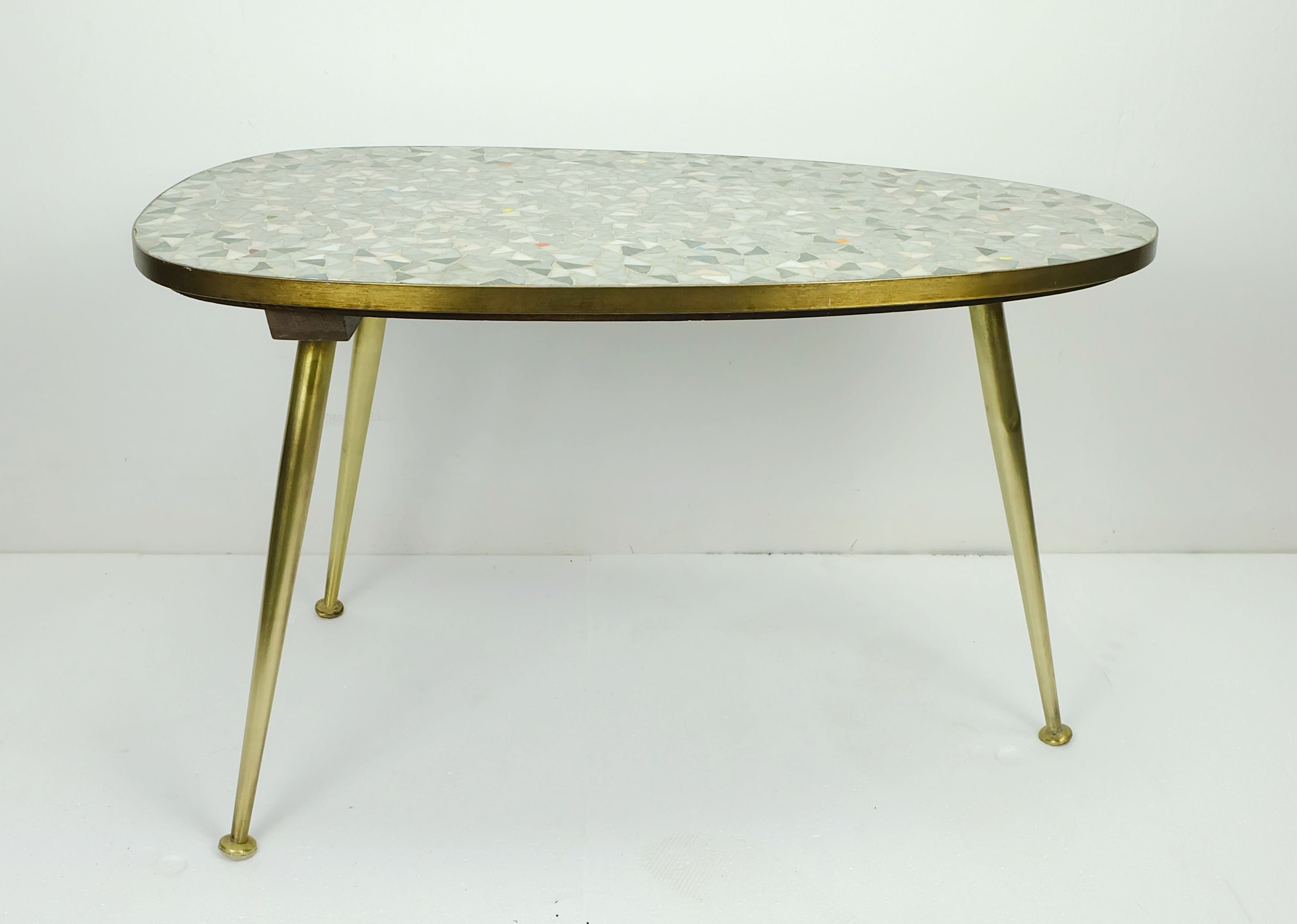 1950s mid century mosaic COFFEE TABLE side table 3 slanted legs glass ...
