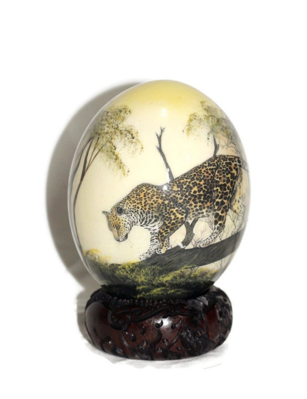Leopard Climbing Down a Tree Decoupage on an Authentic Ostrich Egg ...