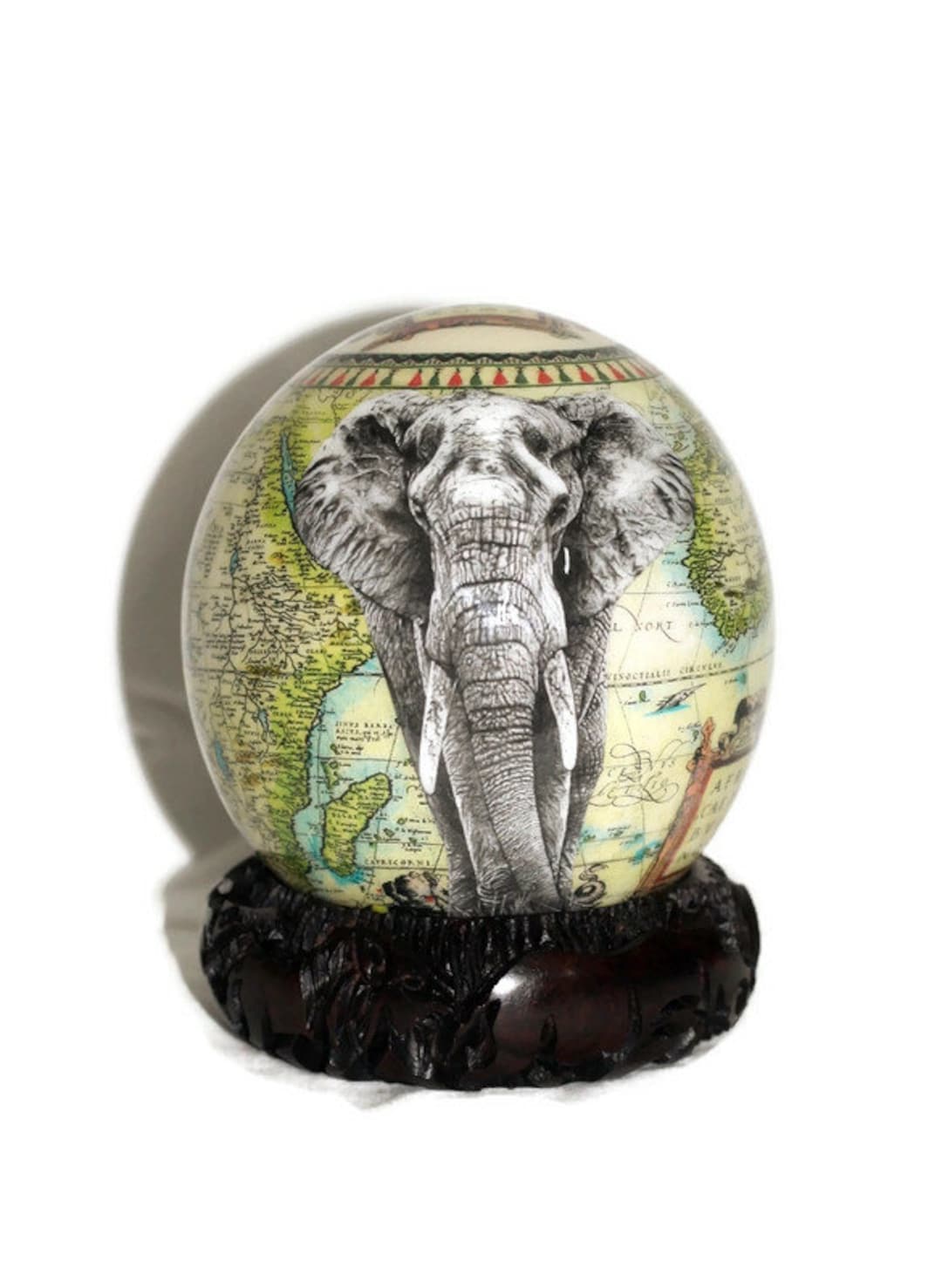 Decoupage Ostrich Egg, Gray Elephant Art, Africae Map Decor, With Wood ...