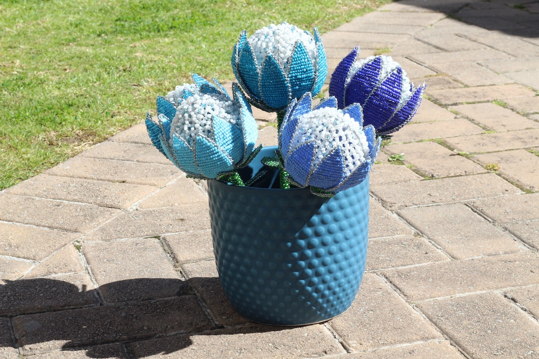 Set of 5 Beaded Shades of Blue Protea Flowers by Job Guwhe. Home ...