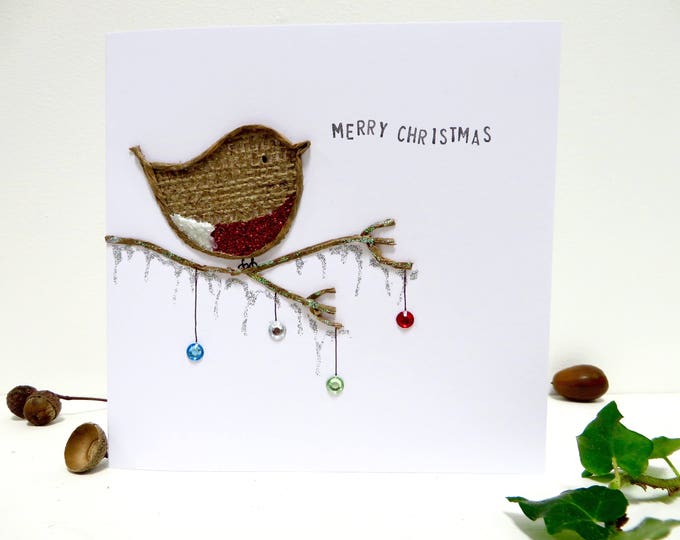 Handmade Christmas Robin Card, Personalised Cute Rustic Xmas Bird Card ...