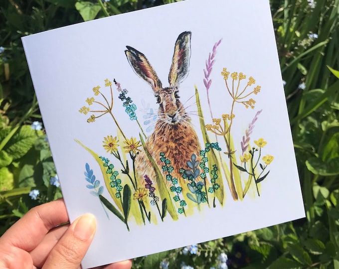 Spring Hare Card, Wildlife Printed Birthday Card, Pretty Floral Note ...
