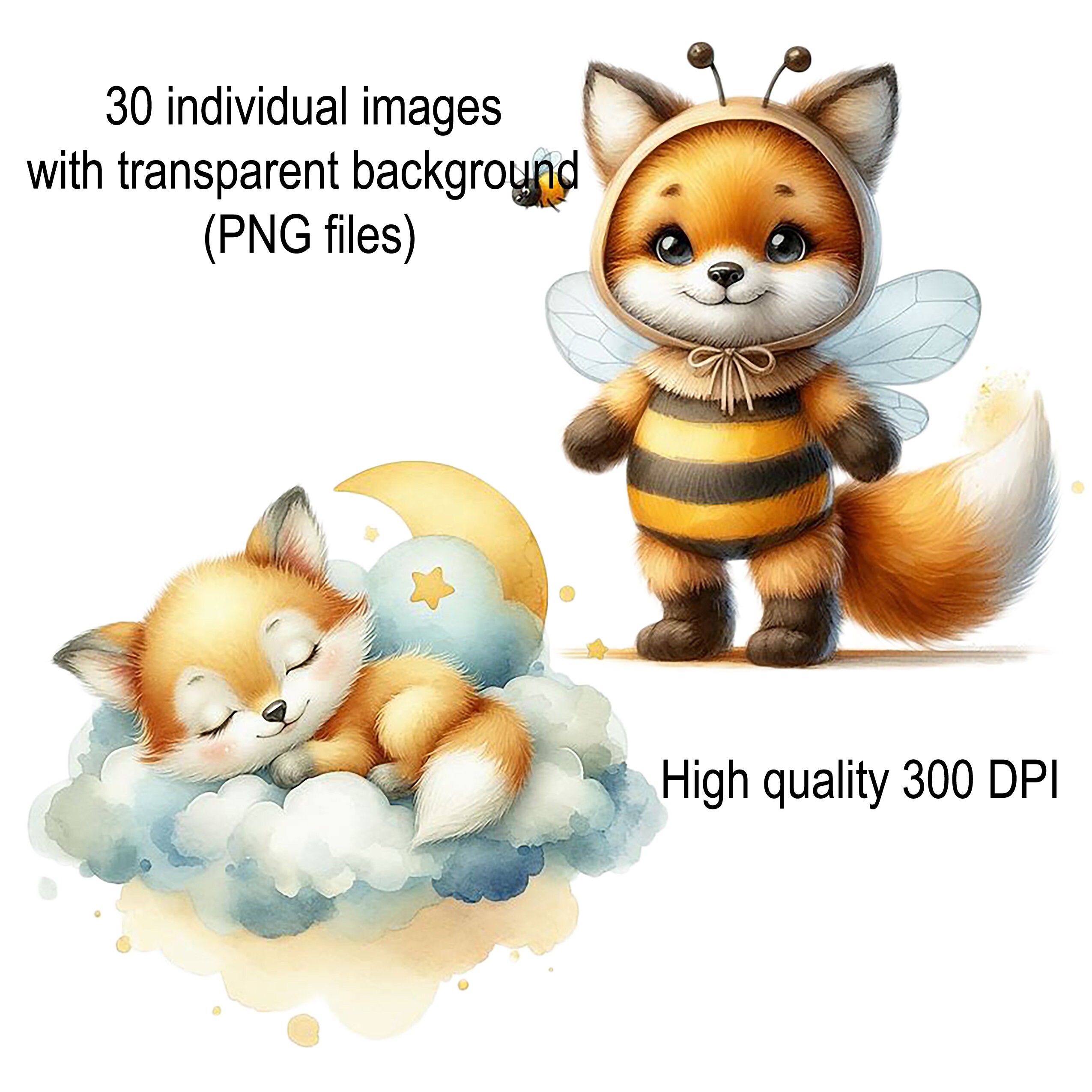 Baby Fox PNG and Jpeg, Baby Animal Clipart, Printables Kit, Watercolor ...