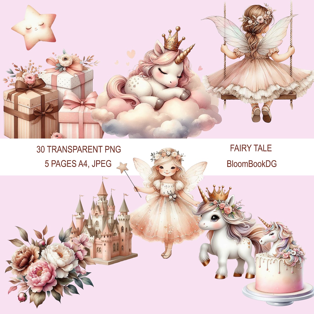 Unicorn and Princess PNG and Jpeg, Fairy Tale Clipart, Printables Kit ...