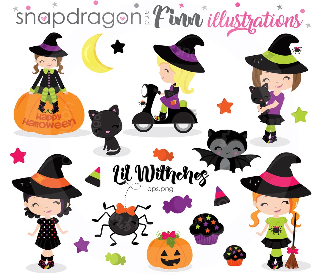 BUY5GET5 Halloween Witch Clipart, Halloween Clipart, Cute Witch Clipart ...