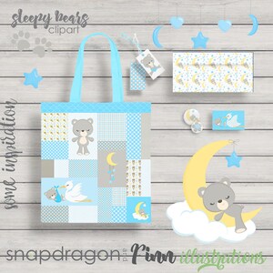 BUY5GET5 Blue Sleepy Bears Digital Papers, Cute Bear Pattern, Patchwork ...