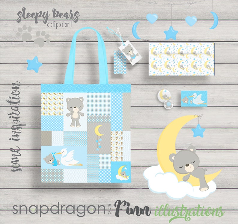 BUY5GET5 Blue Sleepy Bears Digital Papers, Cute Bear Pattern, Patchwork ...