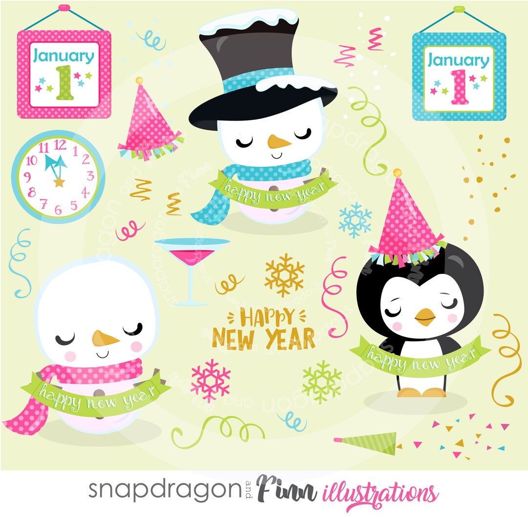 BUY5GET5 New Year's Eve Clipart, Snowman Clipart, Penguin Clipart, New ...