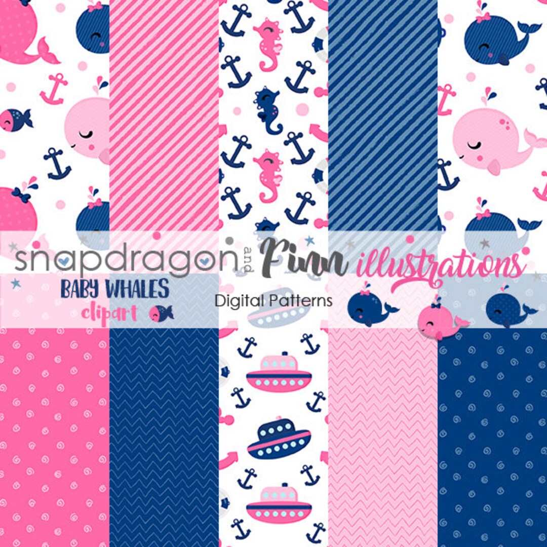 BUY5GET5 Pink Baby Whale Digital Papers, Pink Nautical Digital Papers ...