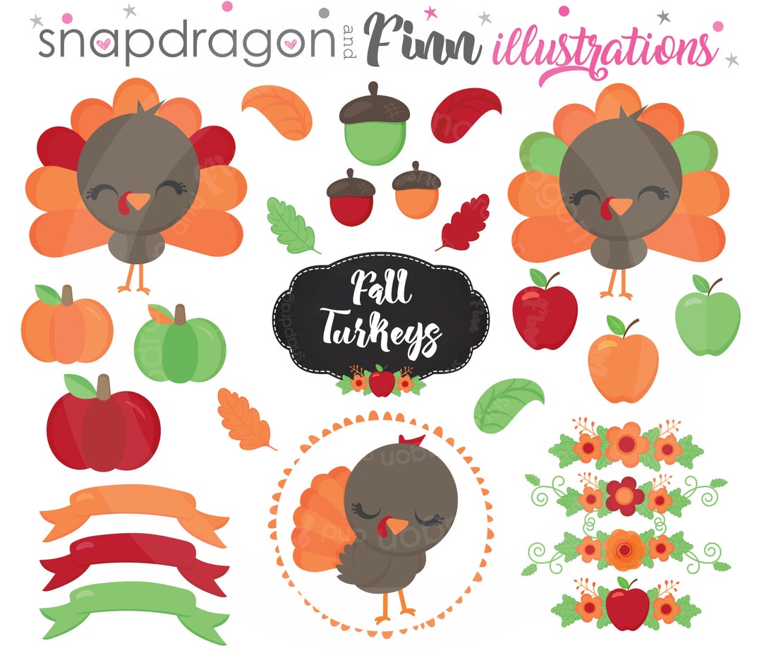 BUY5GET5 Cute Fall Turkey Clipart, Autumn Clipart, Thanksgiving Clipart ...