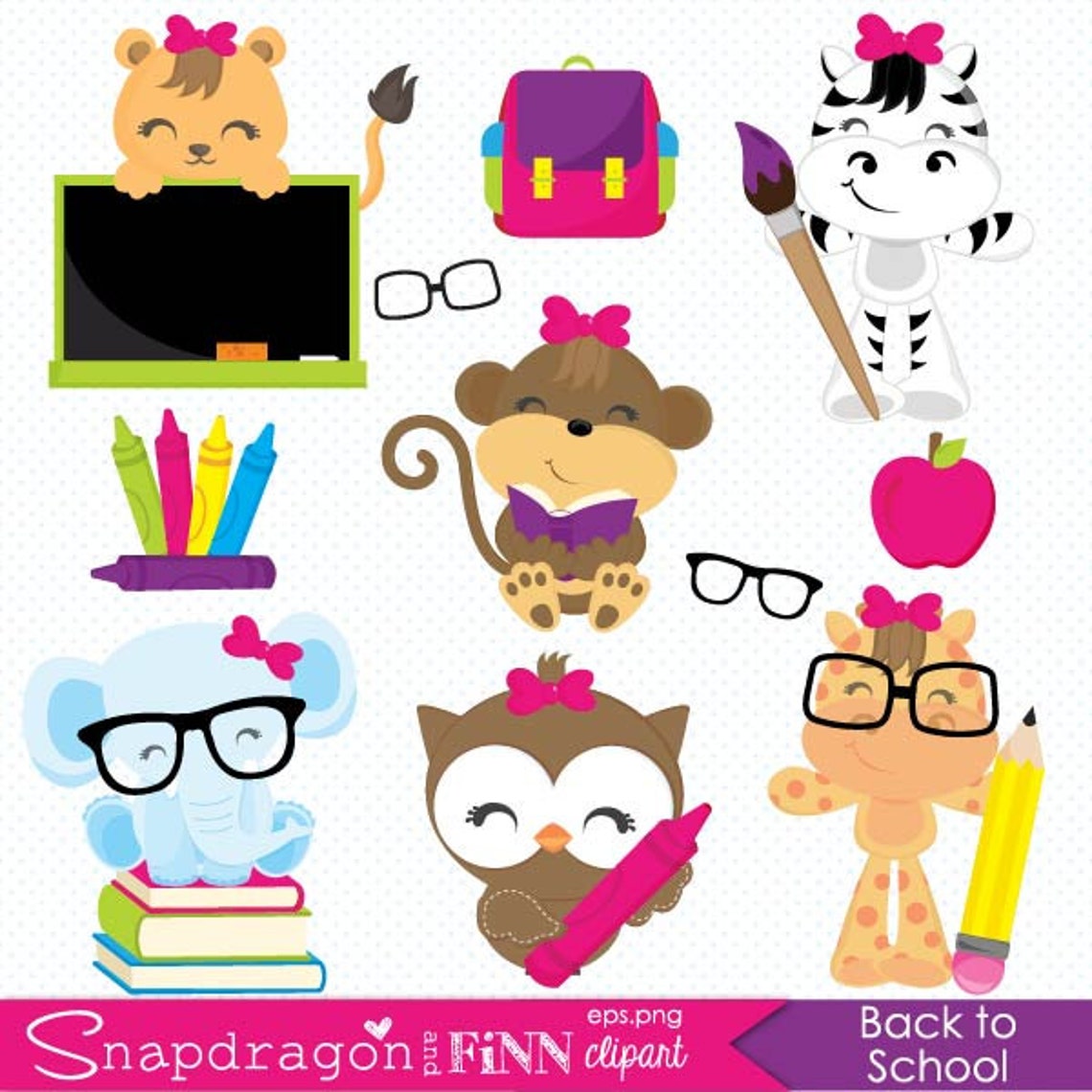 BUY5GET5 Girl School Clipart Back to School Clipart Animal - Etsy