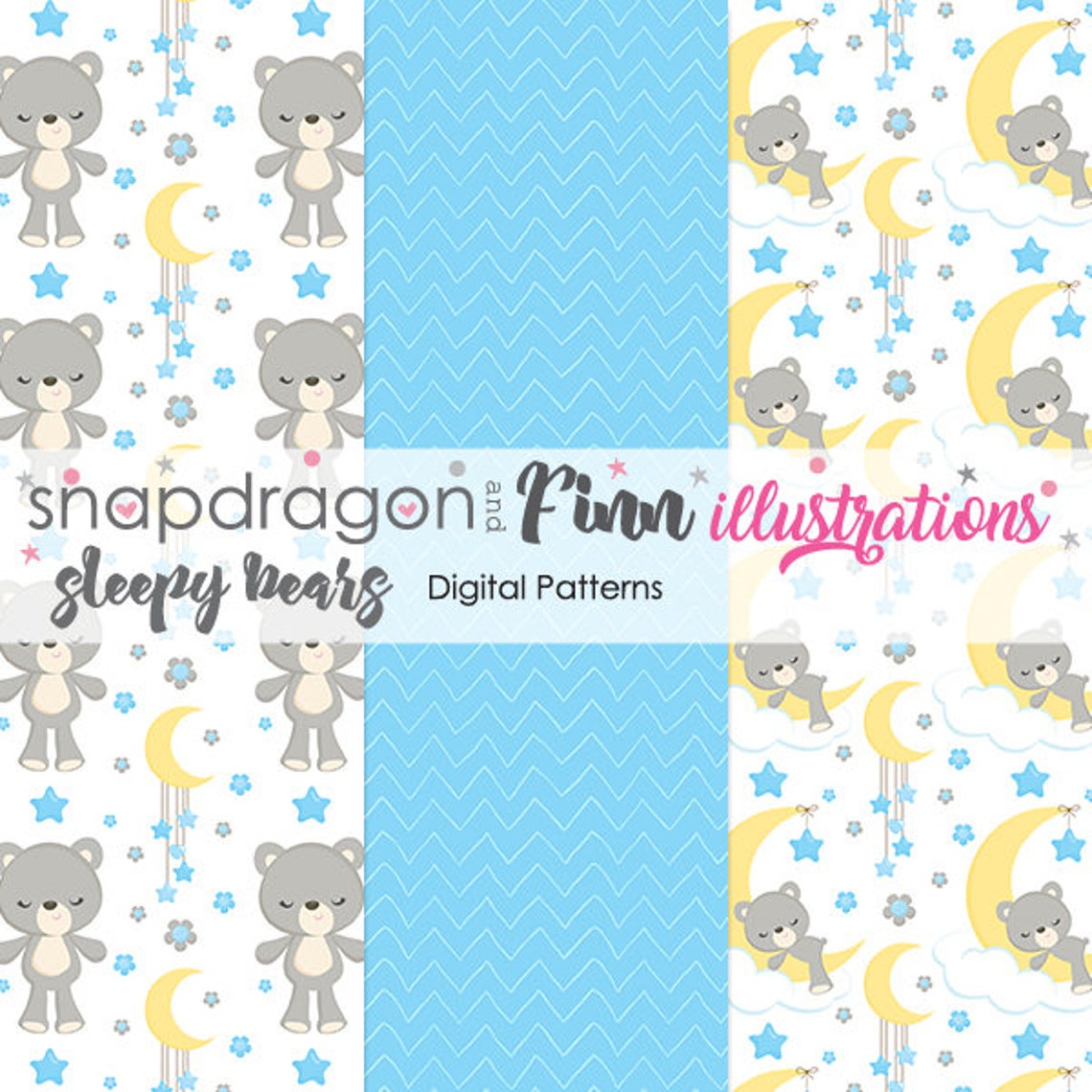 BUY5GET5 Blue Sleepy Bears Digital Papers, Cute Bear Pattern, Patchwork ...