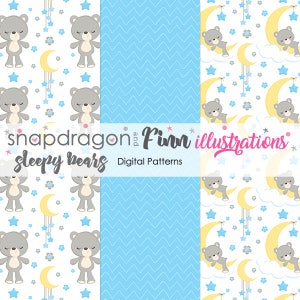 BUY5GET5 Blue Sleepy Bears Digital Papers, Cute Bear Pattern, Patchwork ...