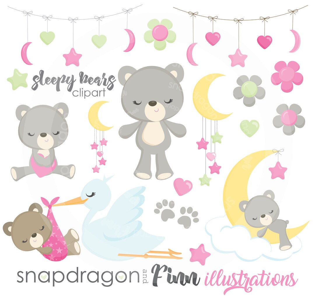 BUY5GET5 Sleepy Bears Clipart, Teddy Bear Clip Art, Baby Shower Clip ...