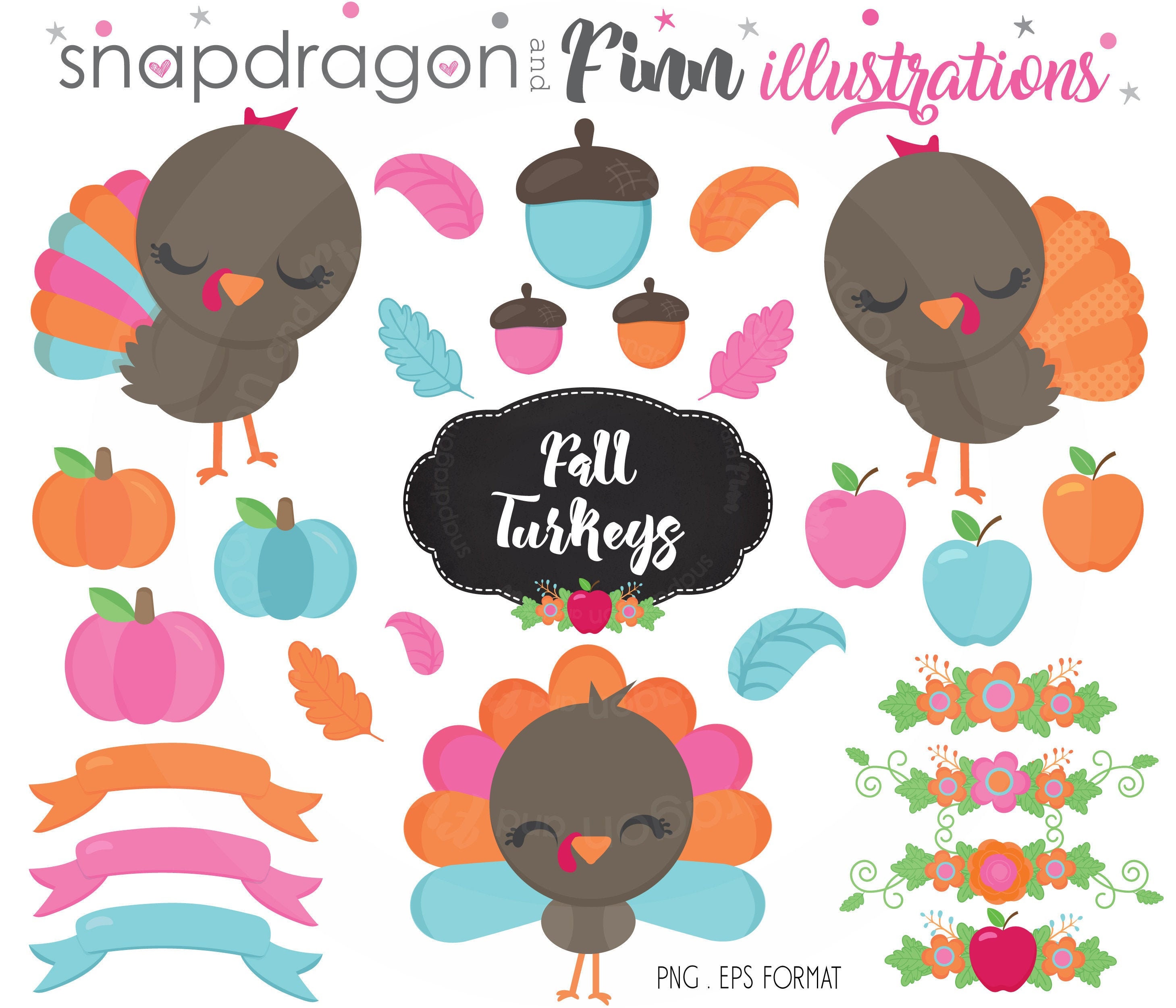 BUY5GET5 Cute Pink Fall Turkey Clipart, Autumn Clipart, Pink ...