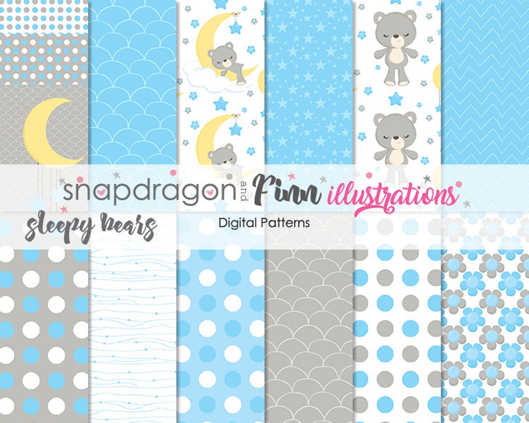 BUY5GET5 Blue Sleepy Bears Digital Papers, Cute Bear Pattern, Patchwork ...