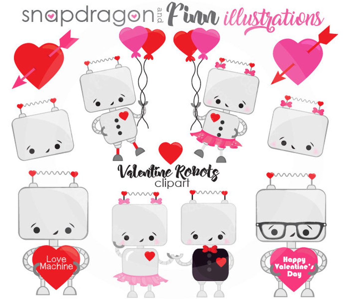 BUY5GET5 Valentine Clipart, Valentine Robots Clipart, Valentine Clip ...