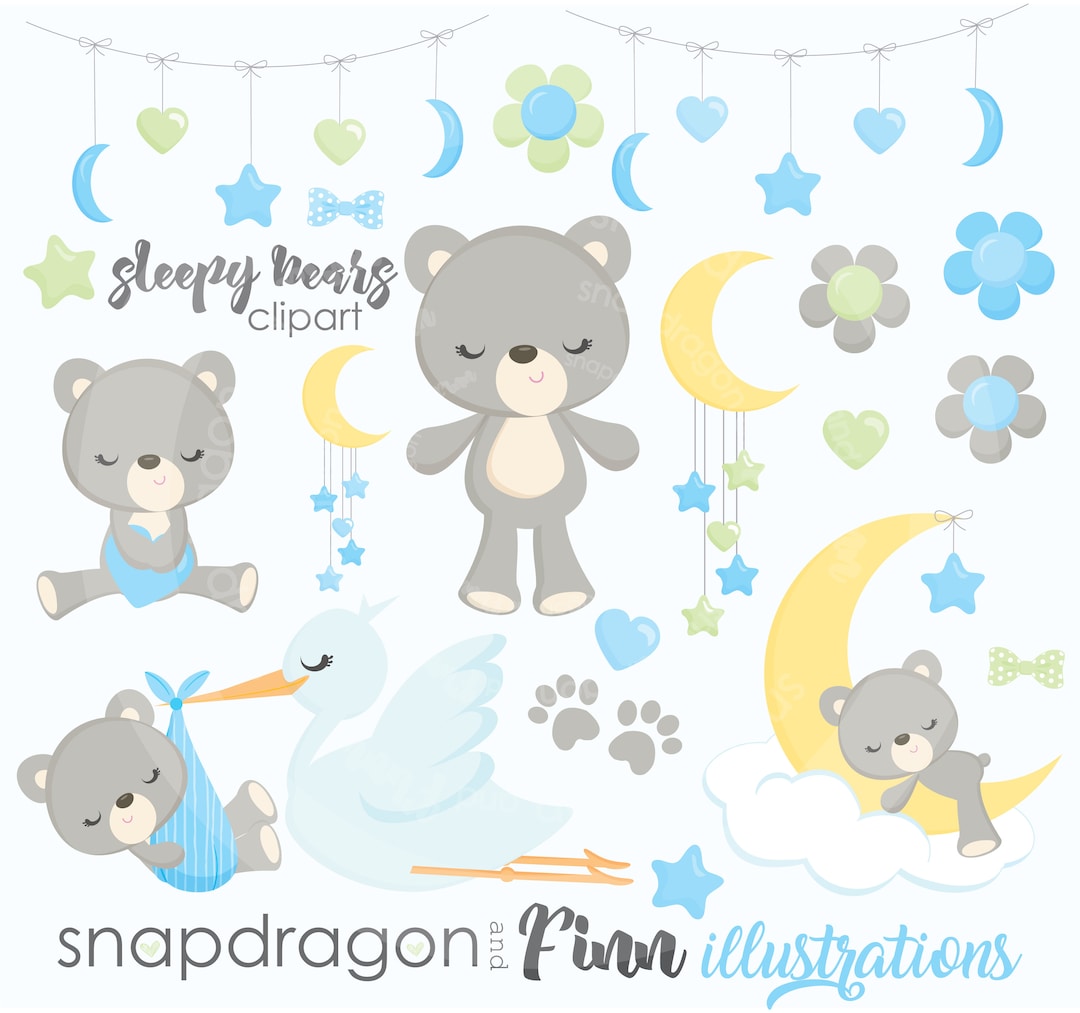 BUY5GET5 Blue Sleepy Bears Clipart, Boy Teddy Bear Clip Art, Boy Baby ...