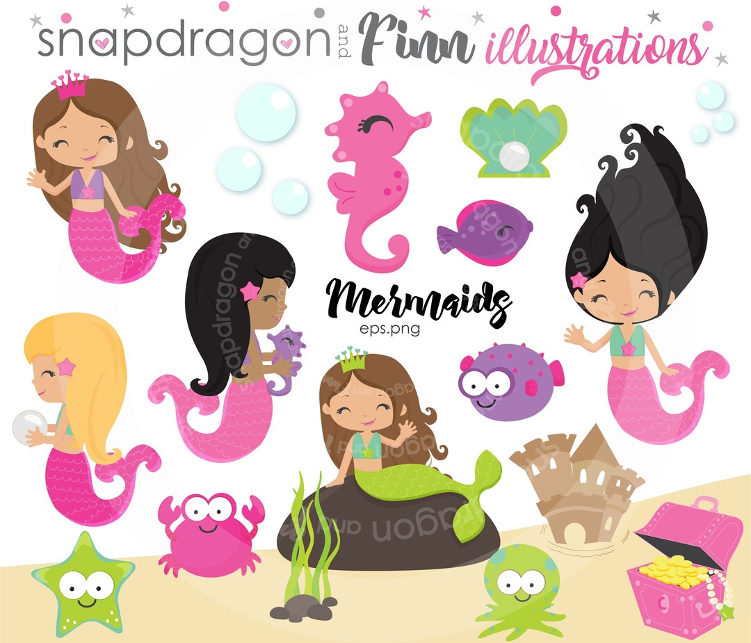 BUY5GET5 Mermaid Clipart, Fish Clipart, Under the Sea Clipart, Cute ...