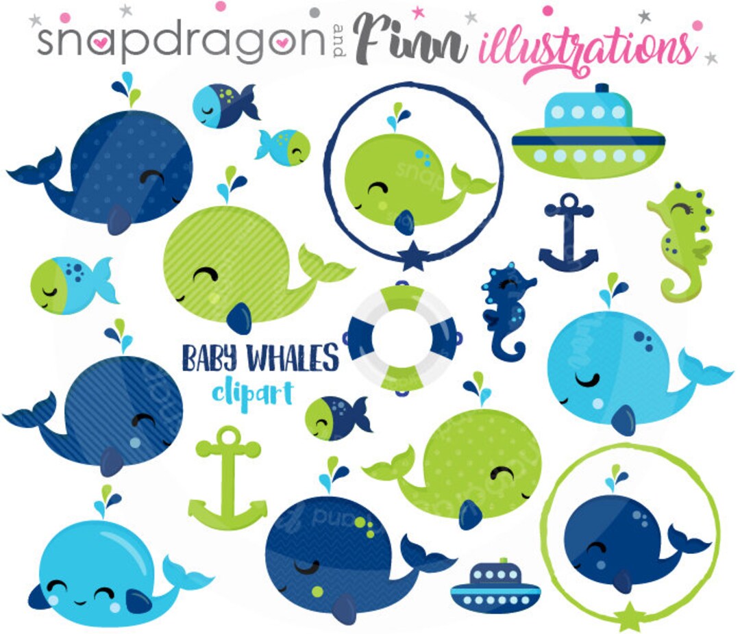 BUY5GET5 Blue Green Baby Whales Clipart, Blue Green Nautical Clipart ...