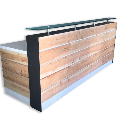 White Memphis Reception Desk With Glass Riser and Cedar Slats - Etsy