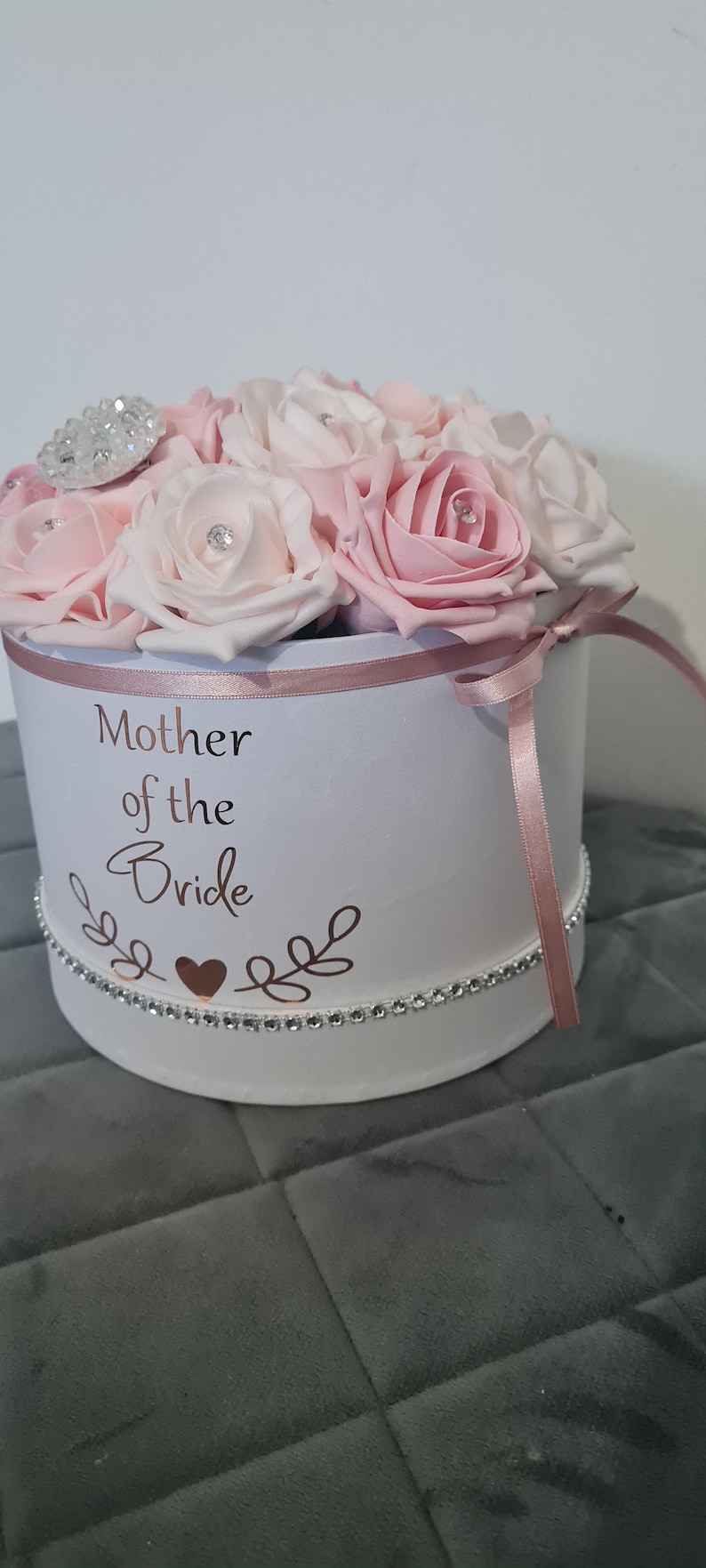 Wedding Hat Box Flowers, Realistic Roses, Diamante Brooch, Custom Color ...