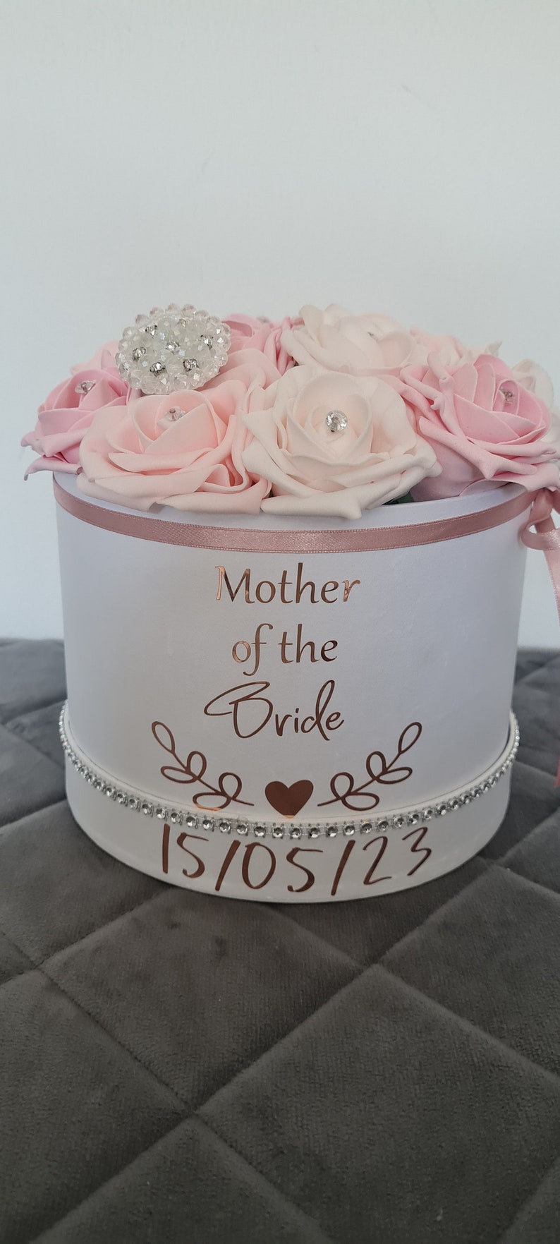 Wedding Hat Box Flowers, Realistic Roses, Diamante Brooch, Custom Color ...