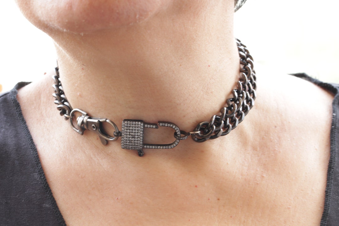 BLACK Chain Choker With Padlock, Collar Padlock, Chunky Locking Choker ...