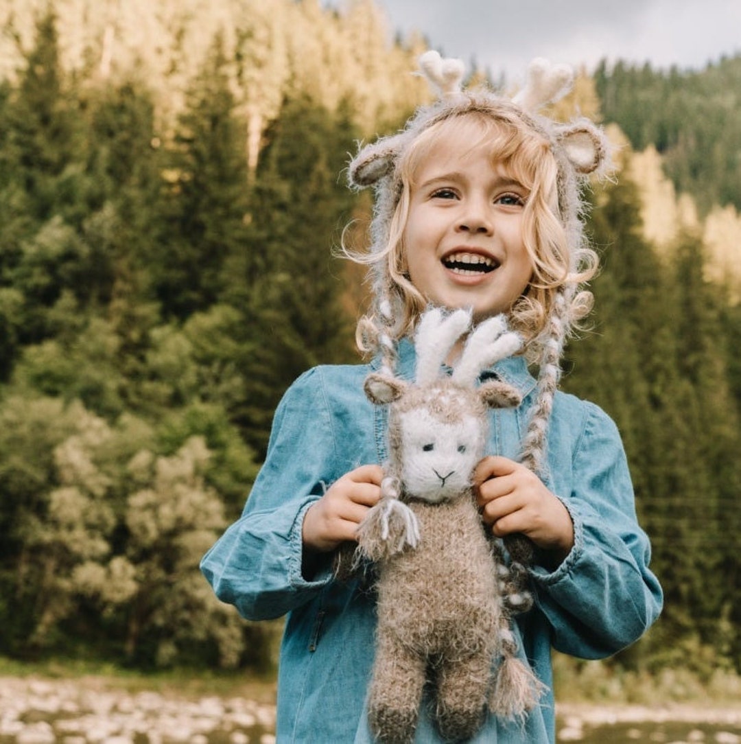 Knit Teddy Deer Toy and Hat 6-12 Moths 1-5 T Embroidered Eyes Nursery ...