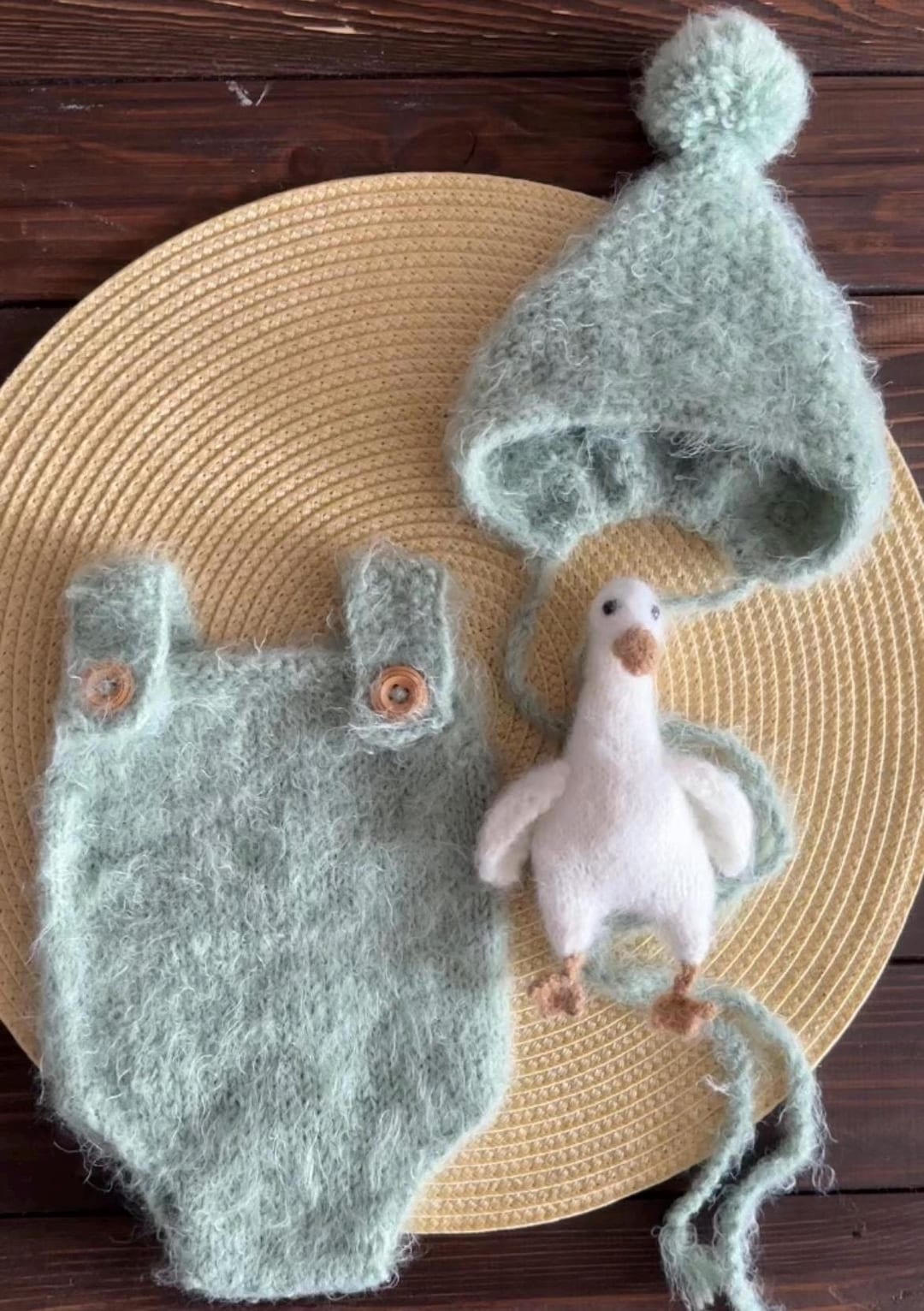 Goose Newborn Photo Prop Set | Knit Romper, Bonnet & Toy - Etsy