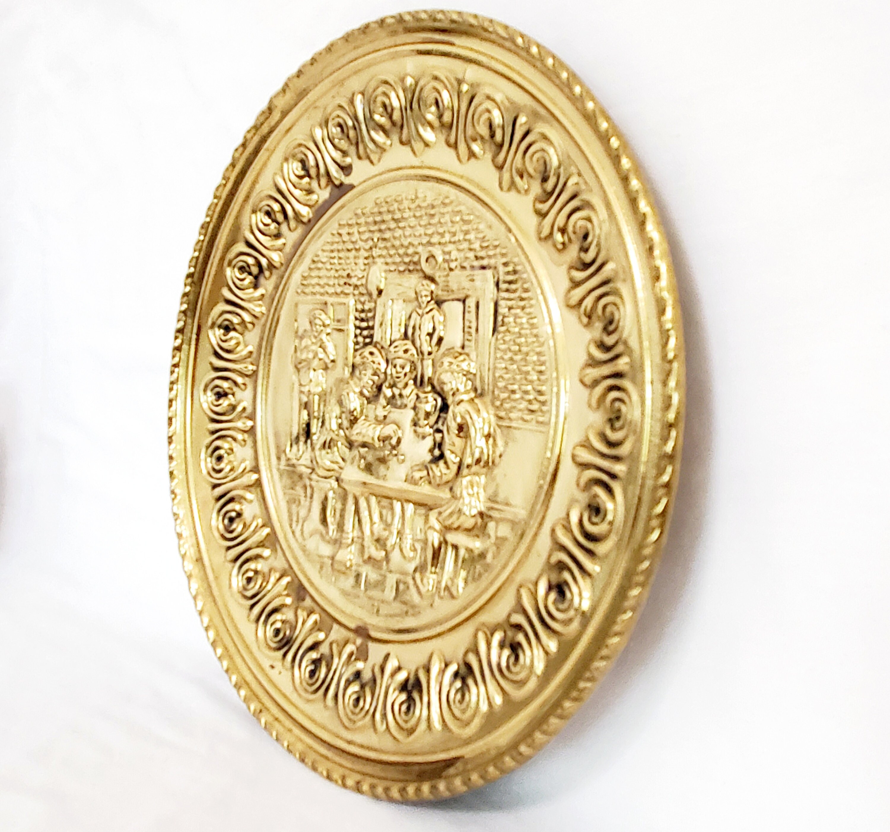 Large Round Vintage Metal Gold Display Plate Depicts Men - Etsy