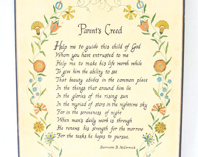 Parent's Creed Decorative, Vintage Wall Plaque Has Poem in Calligraphy ...