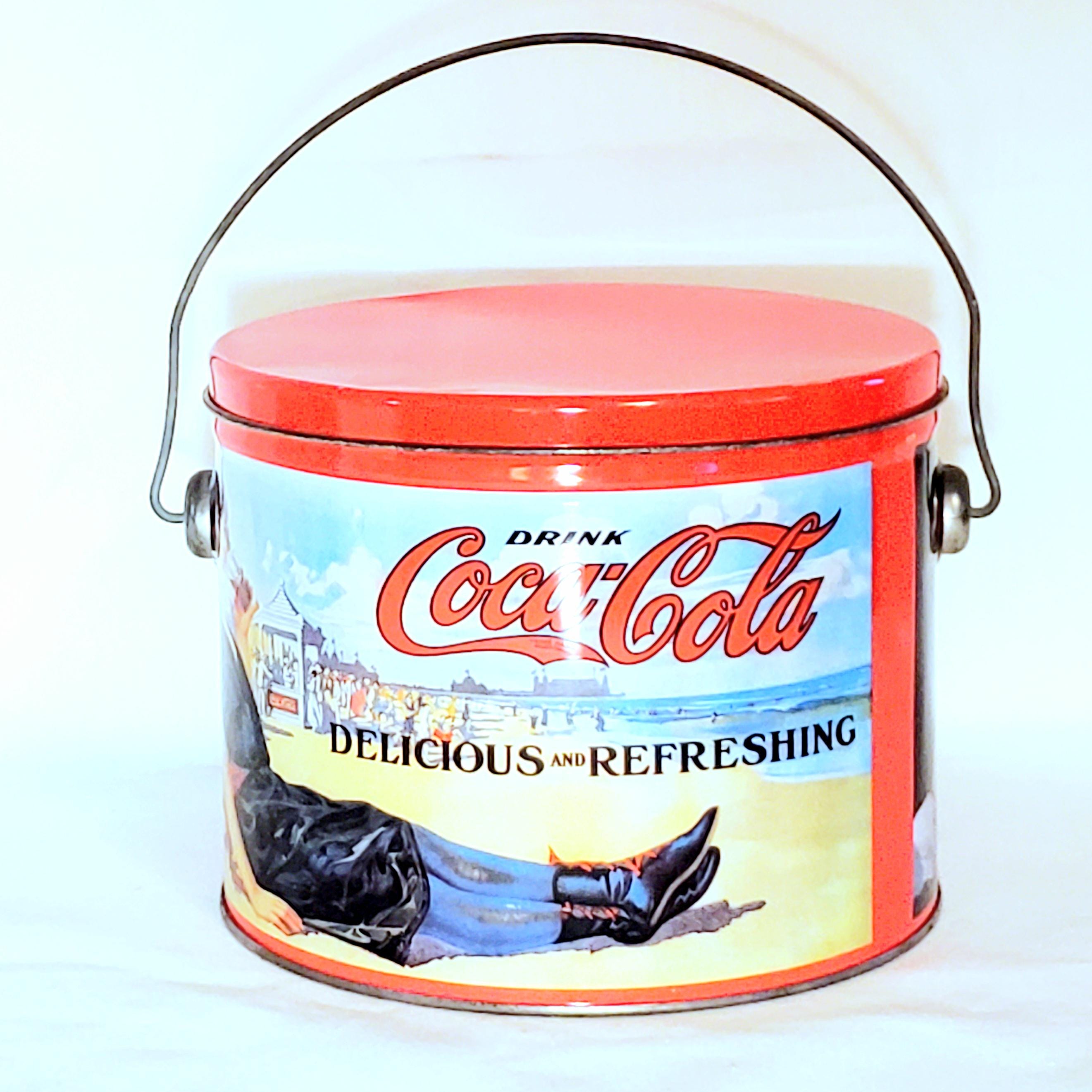 Vintage Coca Cola Beach Images Adorn This Round, Red Tin. Sturdy Metal ...