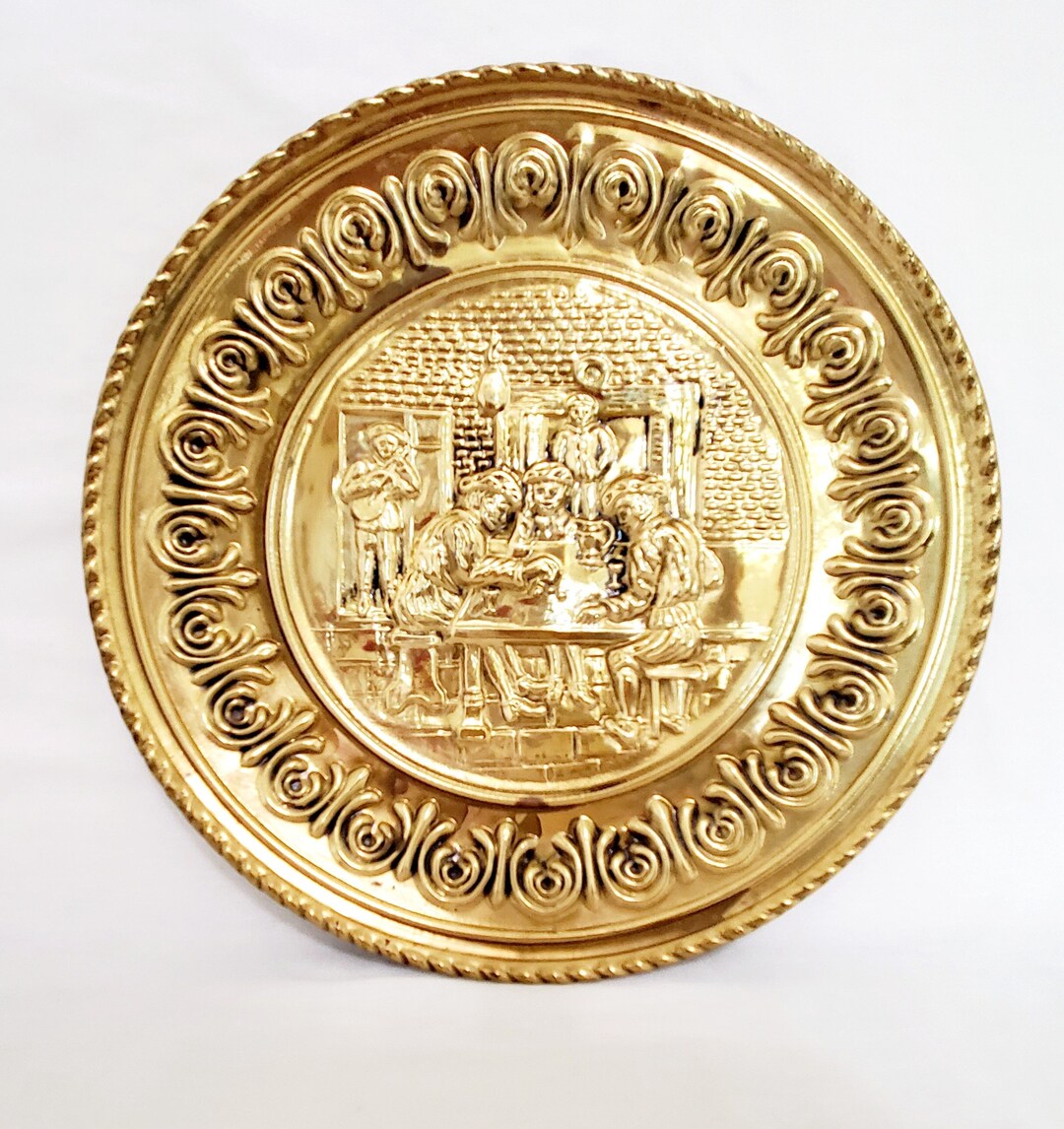 Large Round Vintage Metal Gold Display Plate Depicts Men Gambling With ...