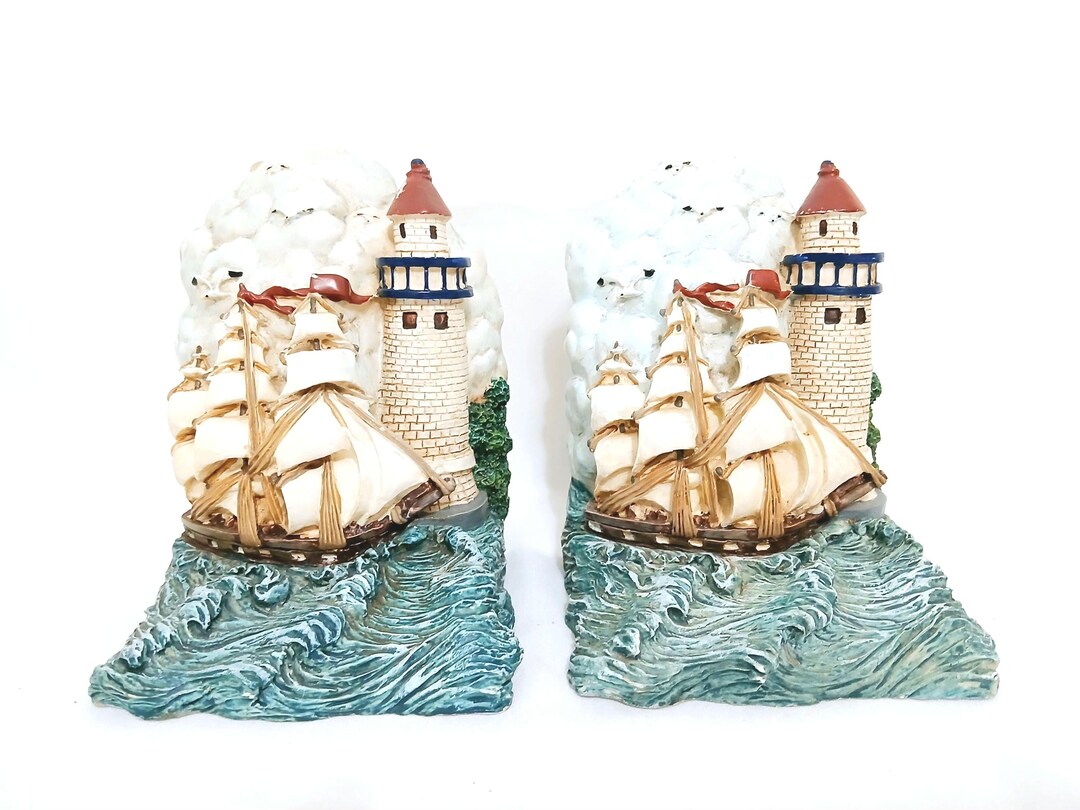 Hand Painted Nautical Lighthouse Bookends: Ship & Waves - Etsy