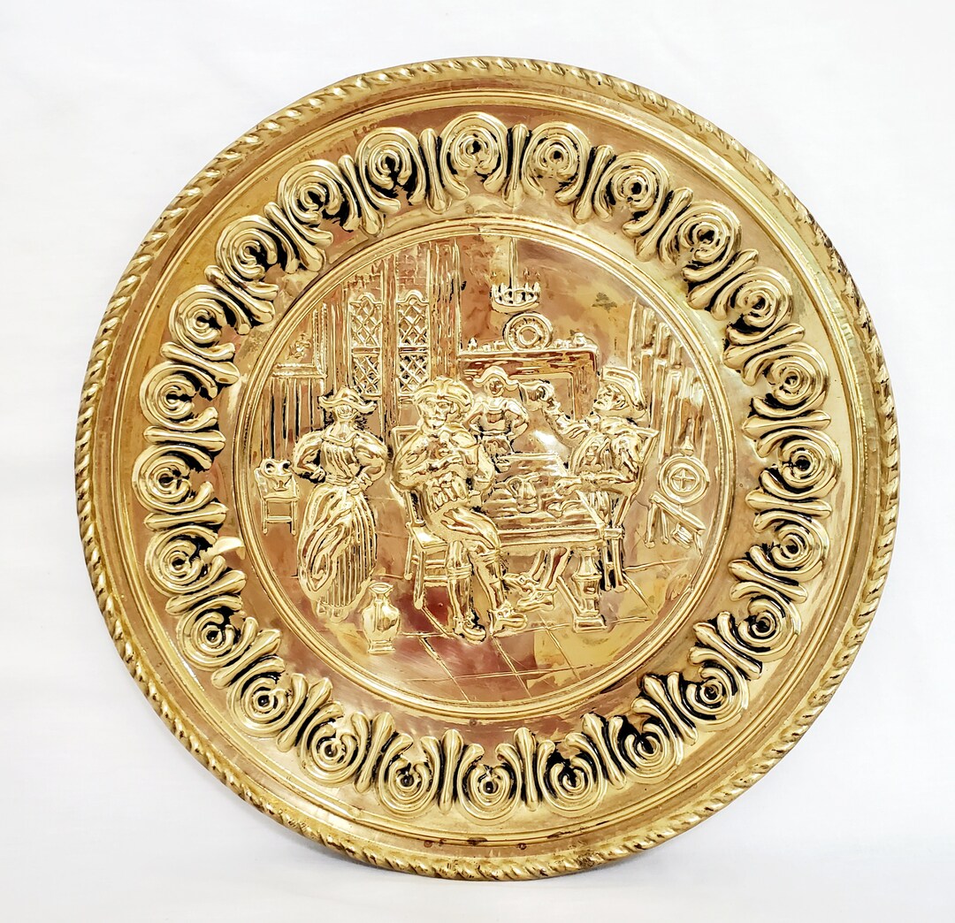 Large Round Vintage Metal Gold Display Plate Depicts Men Drinking in a ...