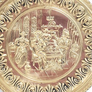 Large Round Vintage Metal Gold Display Plate Depicts Men Drinking in a ...