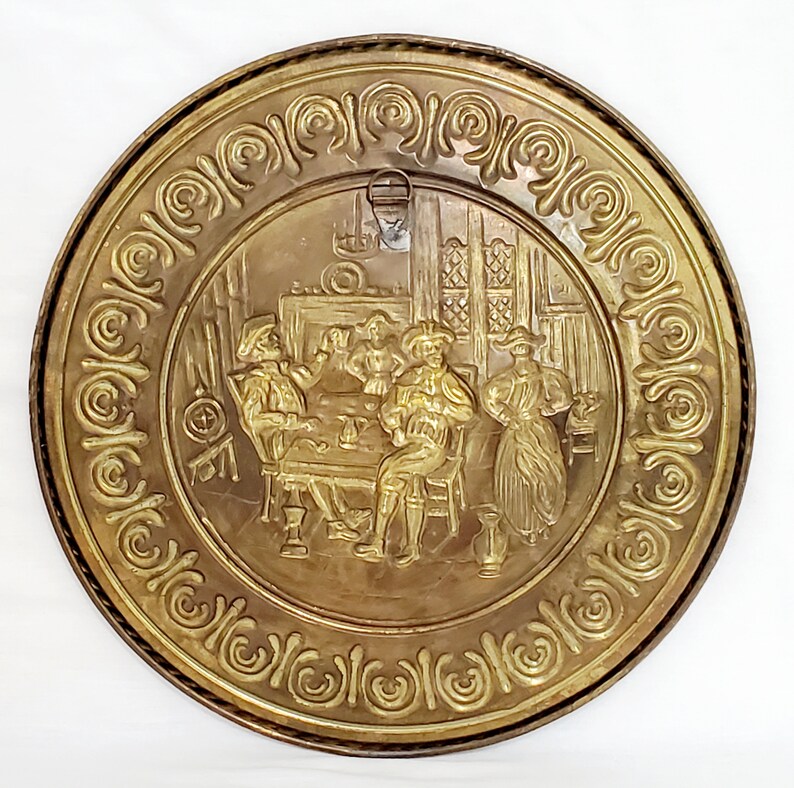 Large Round Vintage Metal Gold Display Plate Depicts Men - Etsy