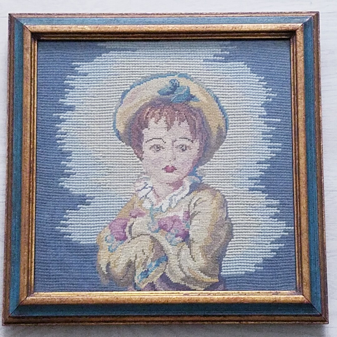 Vintage Framed Needlepoint of Young Boy is Beautifully Made in Shades ...