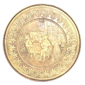 Large Round Vintage Metal Gold Display Plate Depicts Men Drinking in a ...