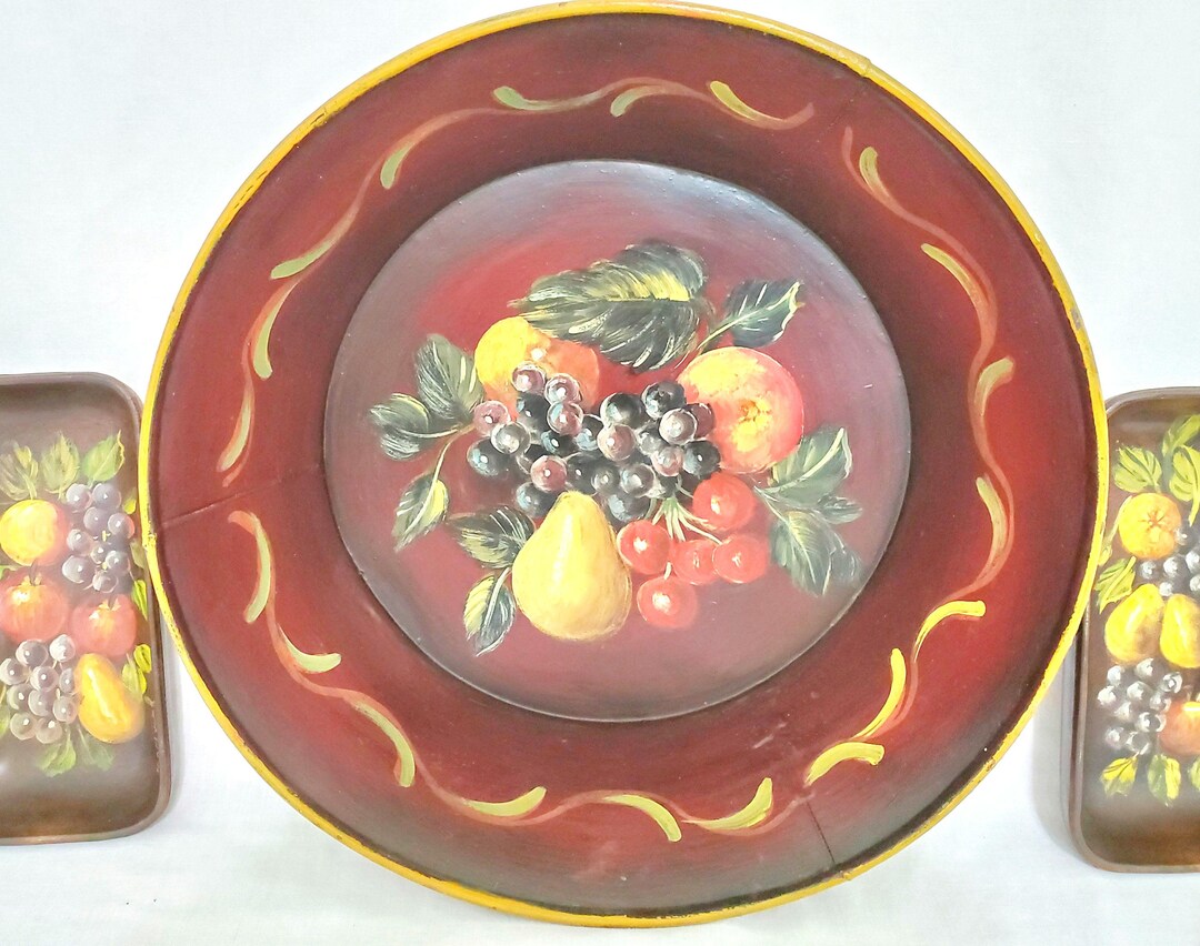 Vintage Hand Painted Tole Style Round Metal Bowl and Matching Wood Pair ...