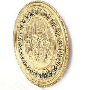 Large Round Vintage Metal Gold Display Plate Depicts Men Drinking in a ...