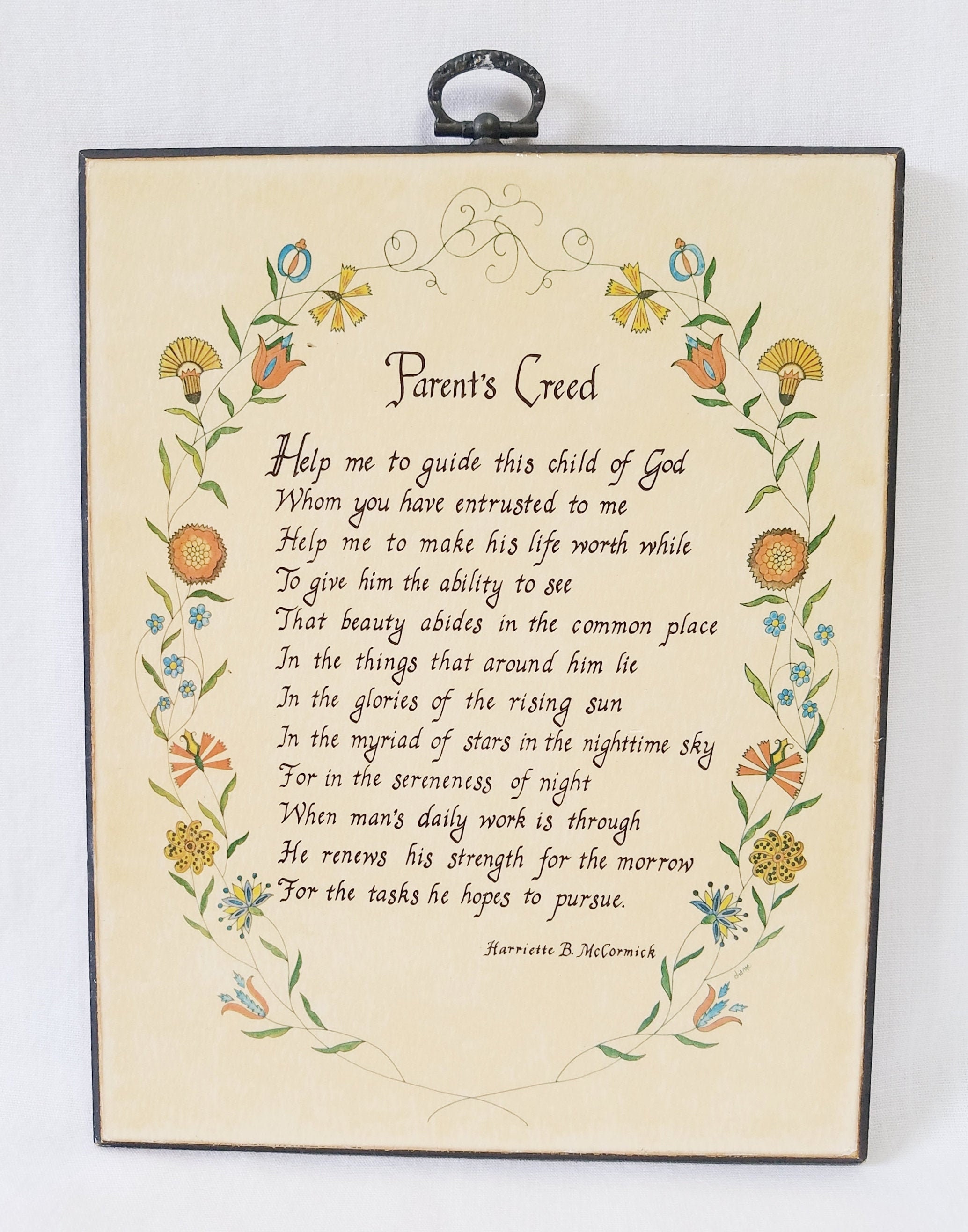 Parent's Creed Decorative, Vintage Wall Plaque Has Poem in Calligraphy ...