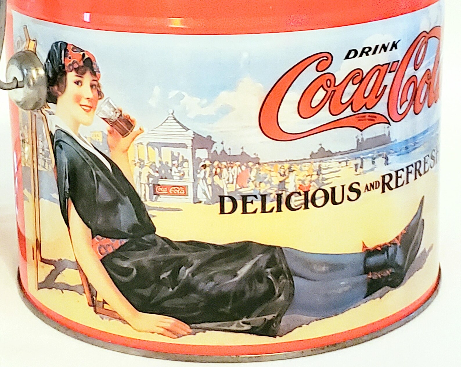 Vintage Coca Cola Beach Images Adorn This Round, Red Tin. Sturdy Metal ...