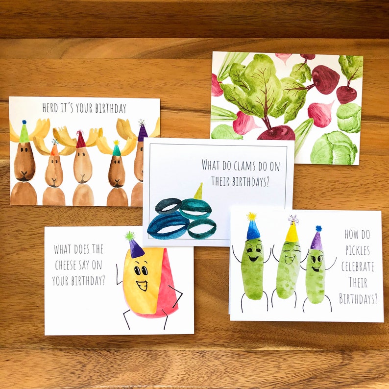 Funny Watercolor Birthday Cards: Pun Joke Collection, 5-pack - Etsy