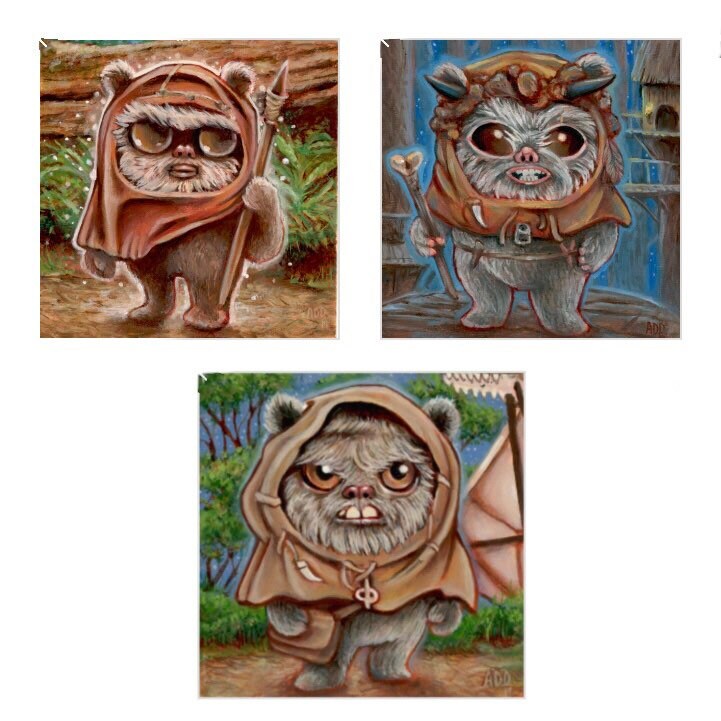 EWOK TRIO pack of Three Star Wars Art Print, Wicket Oil Painting Fanart ...